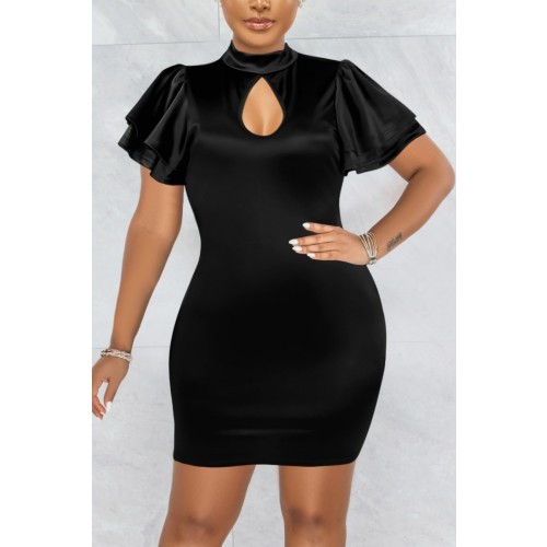black bodycon dress with ruffle sleeves and keyhole neck | Ladybits